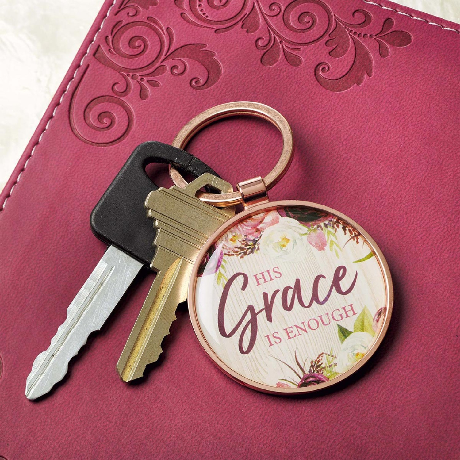 KMO084-His Grace is Enough Pink Plum Christian Key Ring 基督教鑰匙圈