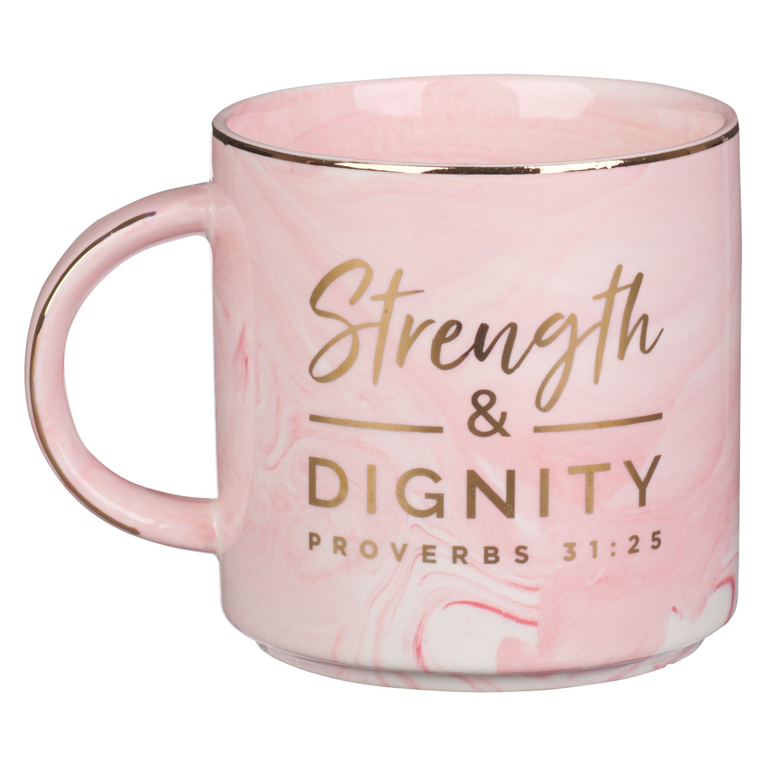 MUG932-Strength and Dignity Pink Marbled Ceramic Christian Coffee Mug