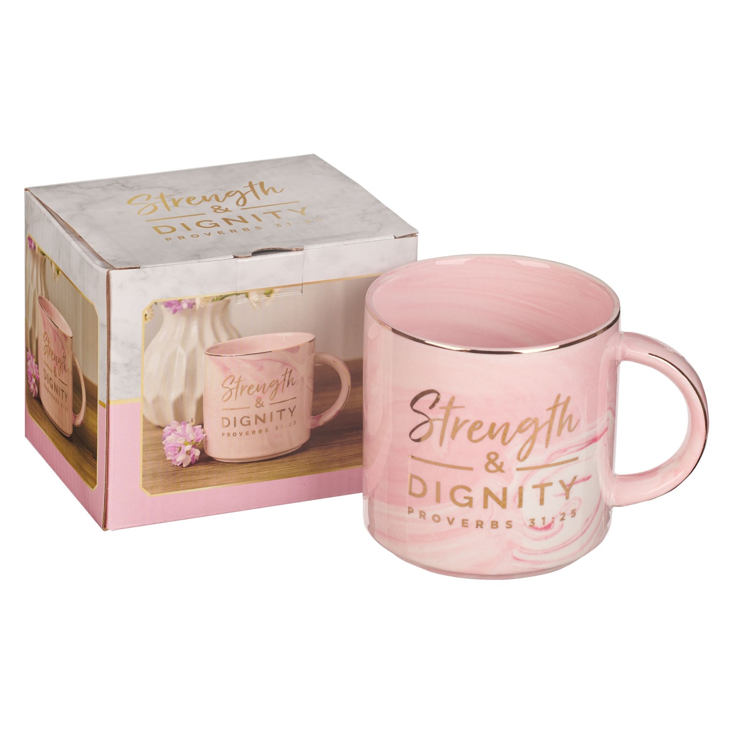 MUG932-Strength and Dignity Pink Marbled Ceramic Christian Coffee Mug